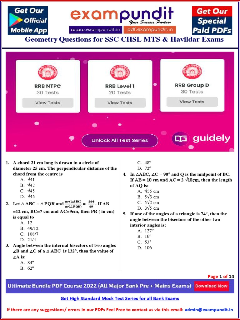 Geometry Questions For SSC CHSL Mts Havildar Exams | PDF | Circle ...