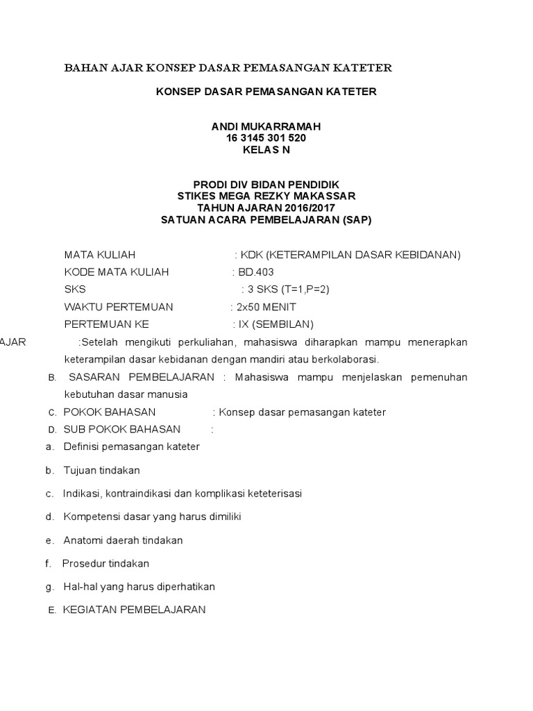 Bahan Ajar Konsep Dasar Pemasangan Kateter | PDF