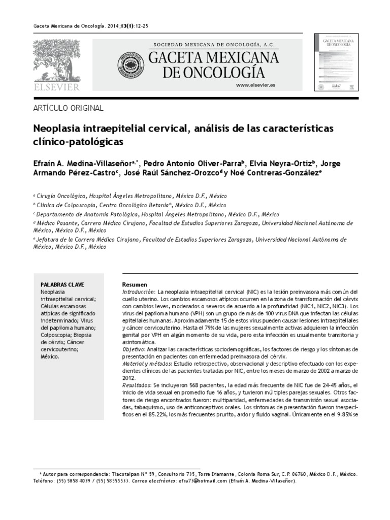 Neoplasia Intraepitelial Cervical, Análisis de Las Características ...