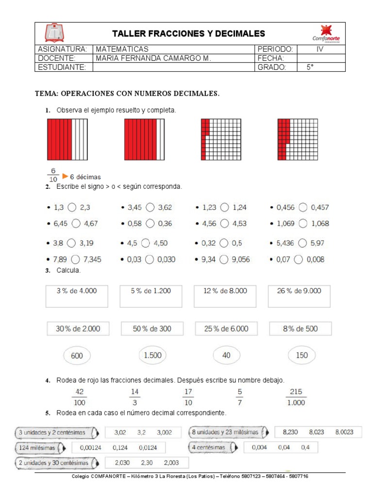 5º Taller Decimales | PDF