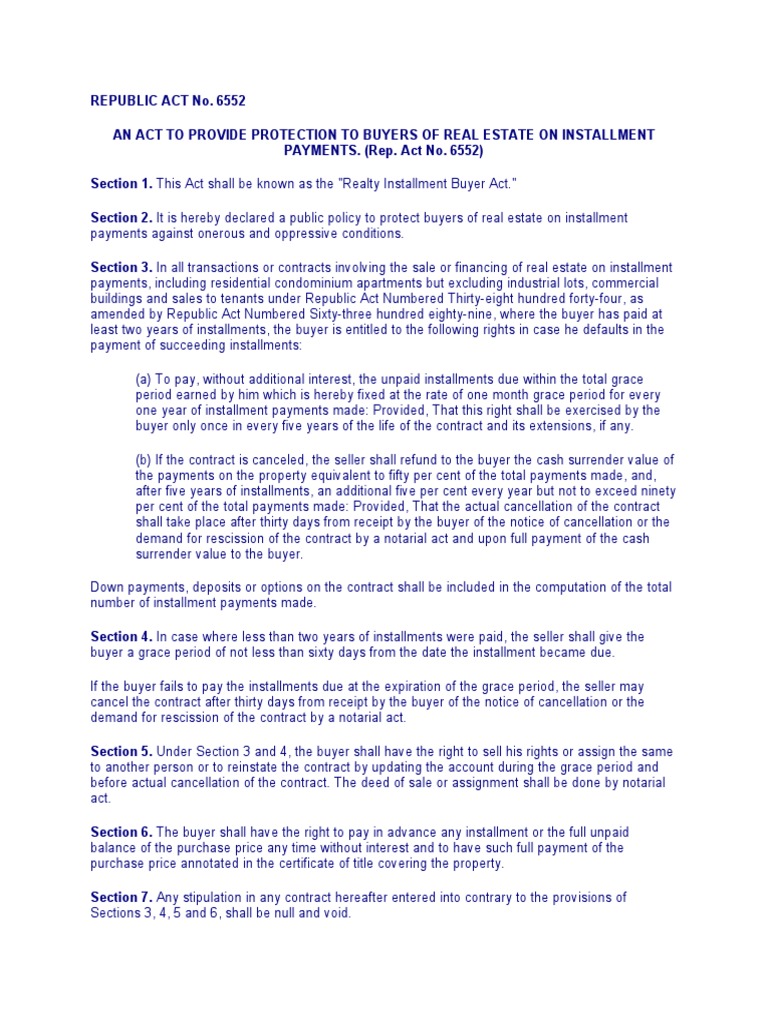 REPUBLIC ACT No 6552 - Maceda Law | PDF | Payments | Prices