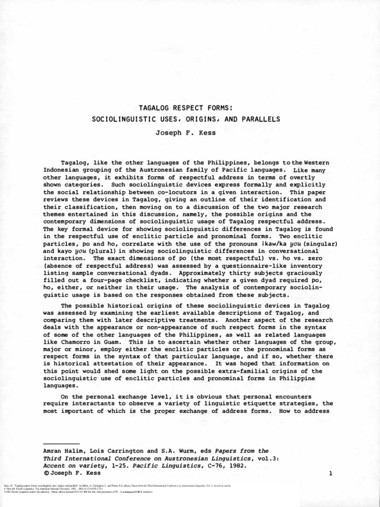 Tagalog Respect Forms: Sociolinguistic Uses, Origins, and Parallels ...