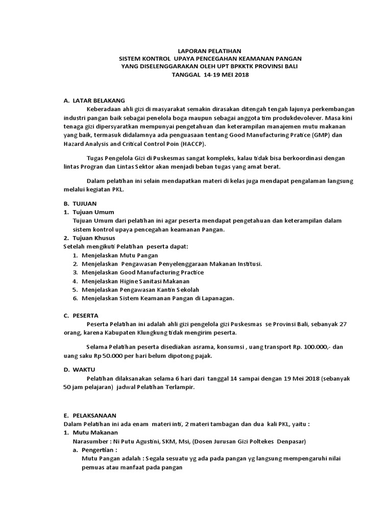 Lap. Pelatihan Keamanan Pangan | PDF