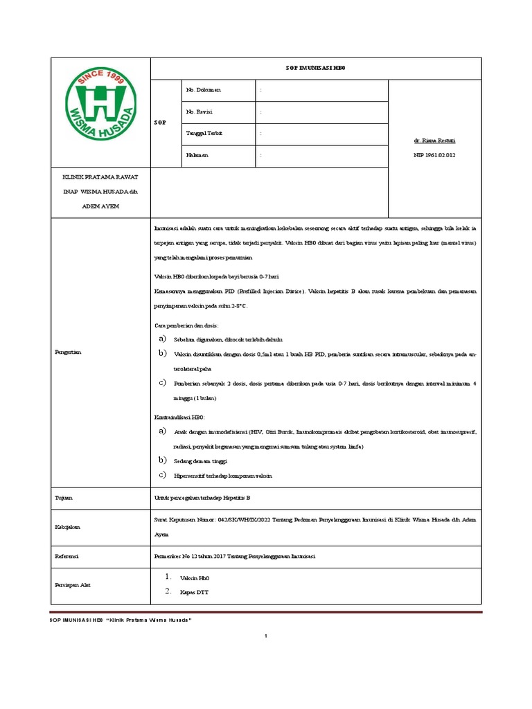 1 - Sop Kia - Imunisasi HB0 - Klinik Pratama Wisma Husada | PDF