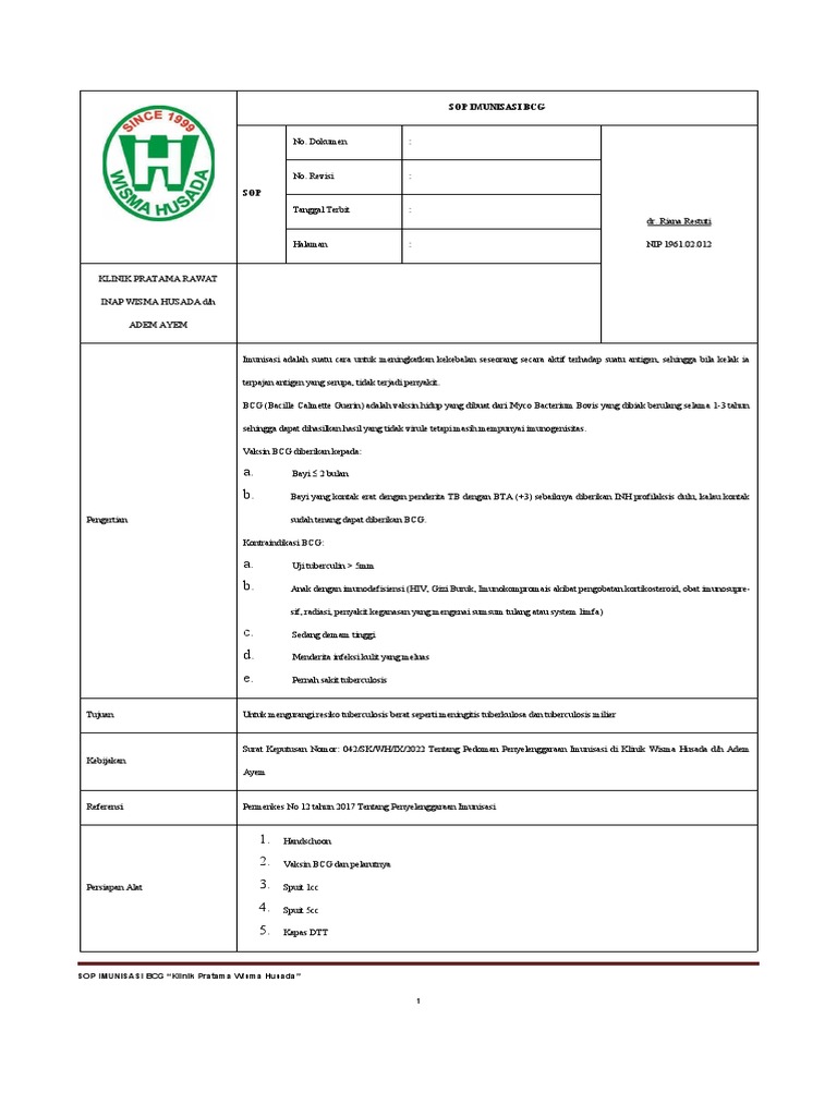 2 - Sop Kia - Imunisasi BCG - Klinik Pratama Wisma Husada | PDF