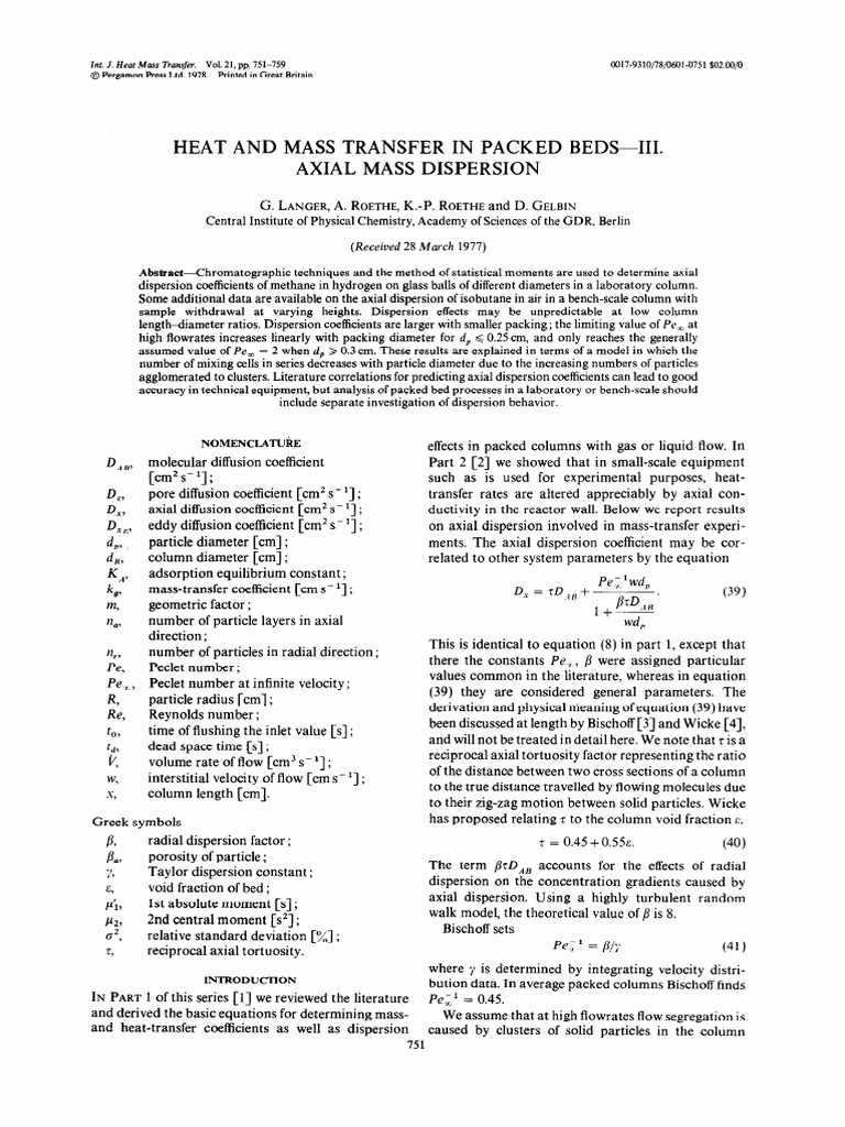 Heat and Mass Transfer in Packed Beds-Iii. | PDF | Diffusion | Gases