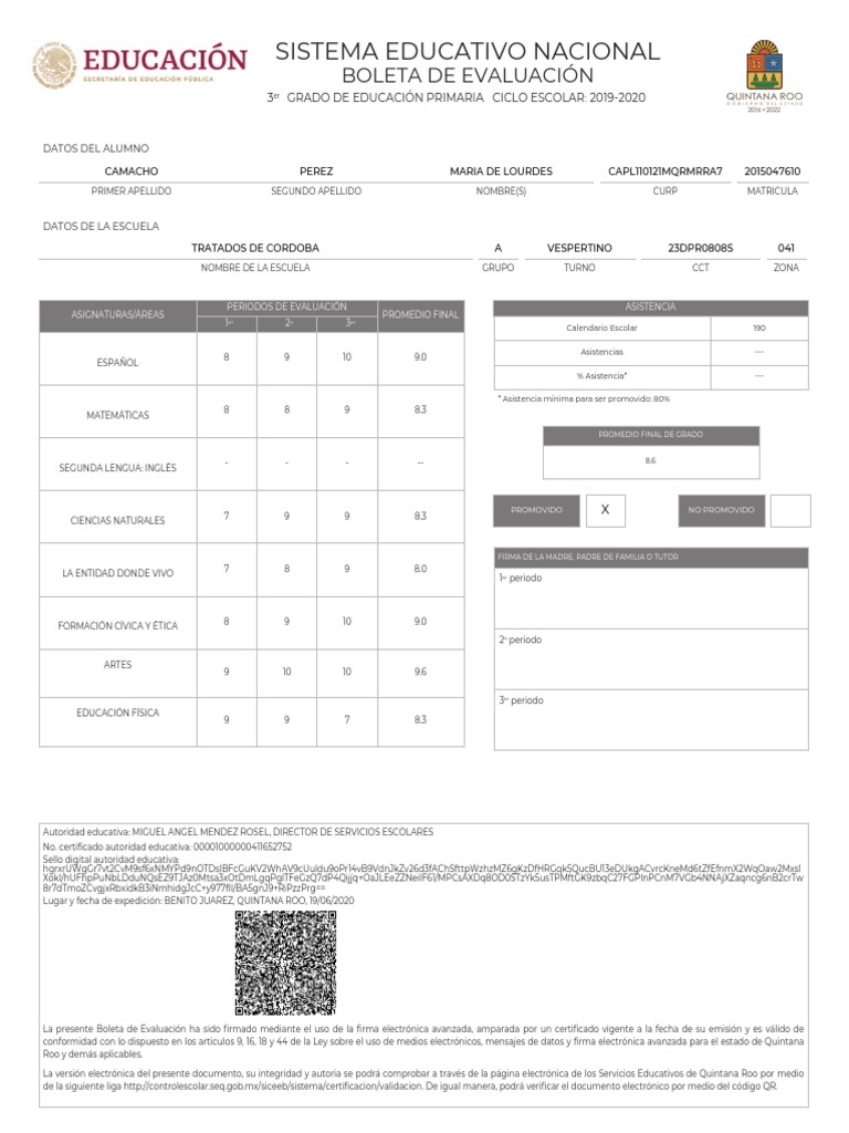 Sistema Educativo Nacional: Boleta de Evaluación | PDF | Educación primaria
