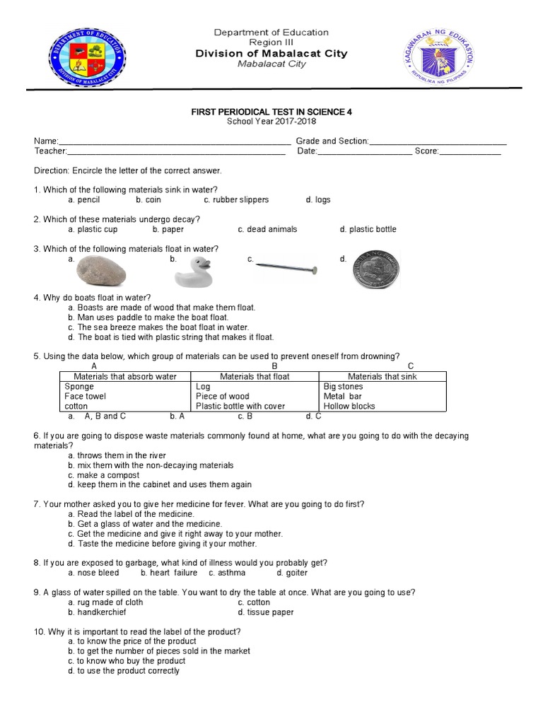 Grade 4 Science 1st Periodical Test | PDF | Waste | Water