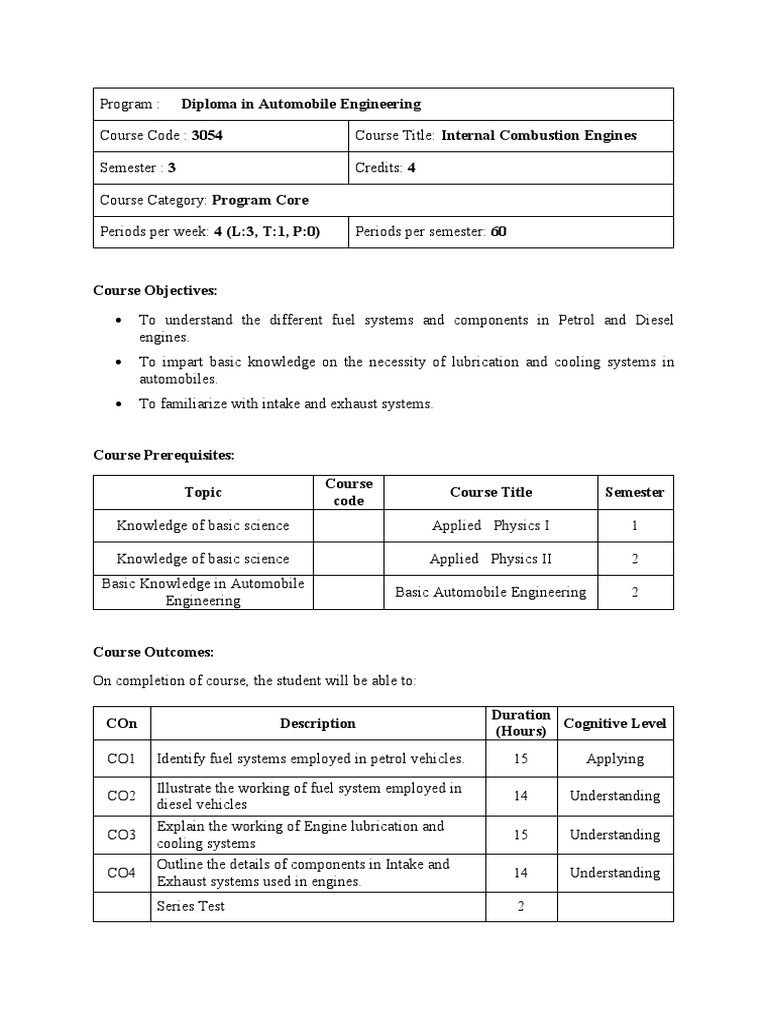 Course Objectives | PDF | Fuel Injection | Diesel Engine