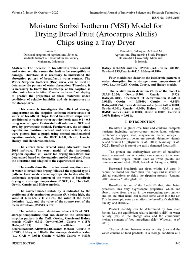 Moisture Sorbsi Isotherm (MSI) Model For Drying Bread Fruit (Artocarpus ...