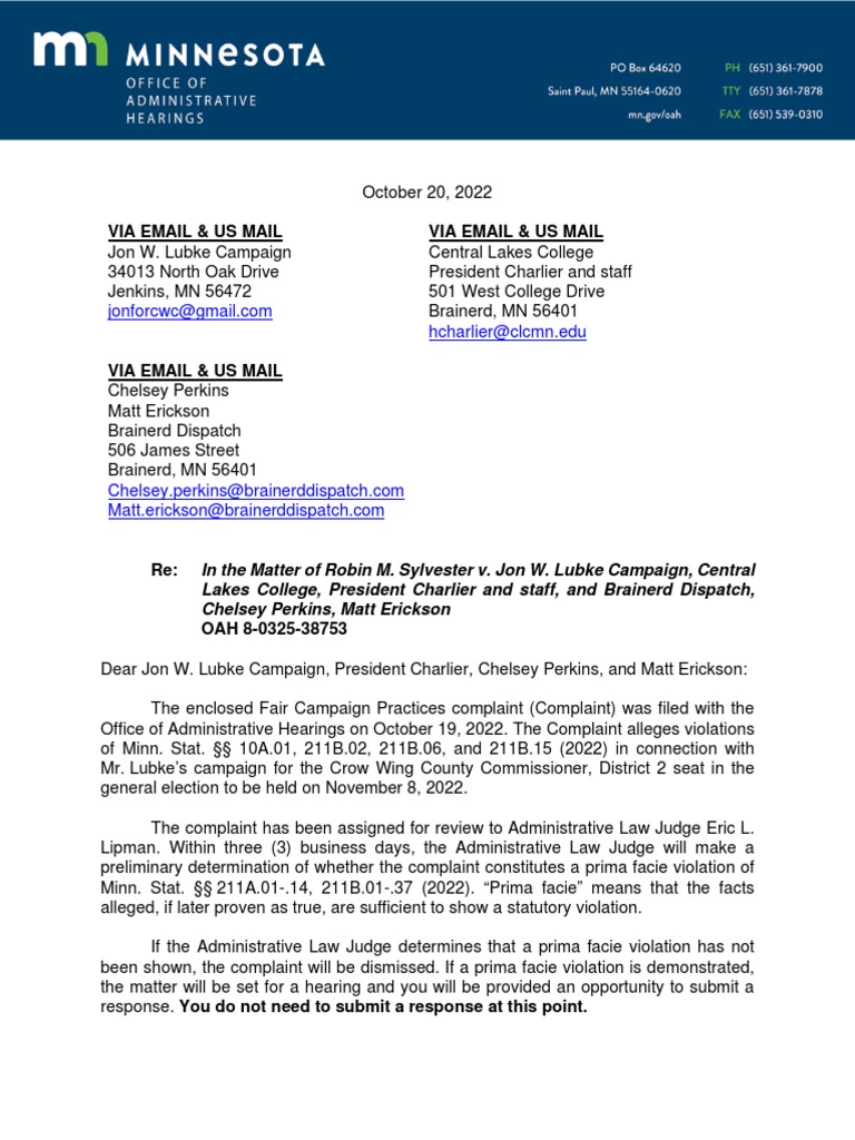 Via Email & Us Mail Via Email & Us Mail: Hcharlier@clcmn - Edu | PDF | Complaint ...