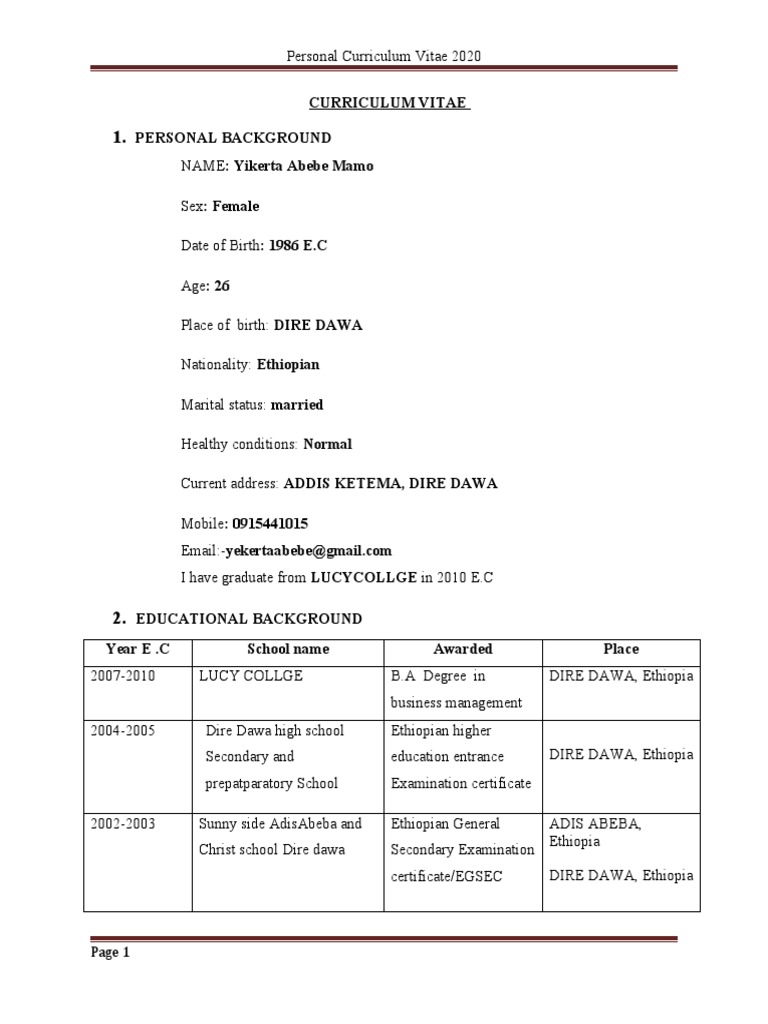 CV Yikerta Abebe's Personal Curriculum Vitae | PDF | Ethiopia