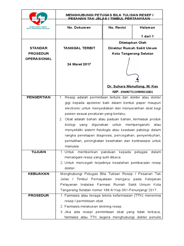 SPO Menghubungi Petugas Bila Tulisan Resep Ato Pesanan Tak Jelas Ato Timbul Pernyataan | PDF
