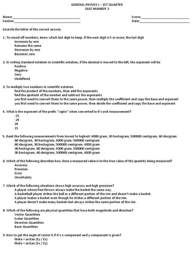 General Physics I Quiz 2 Questions | PDF | Acceleration | Velocity