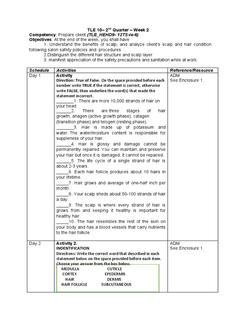 LAS TLE 10 WEEK 2 (Hairdressing) | PDF | Skin | Hair LAS TLE 10 WEEK 2 (Hairdressing) | PDF | Skin | Hair