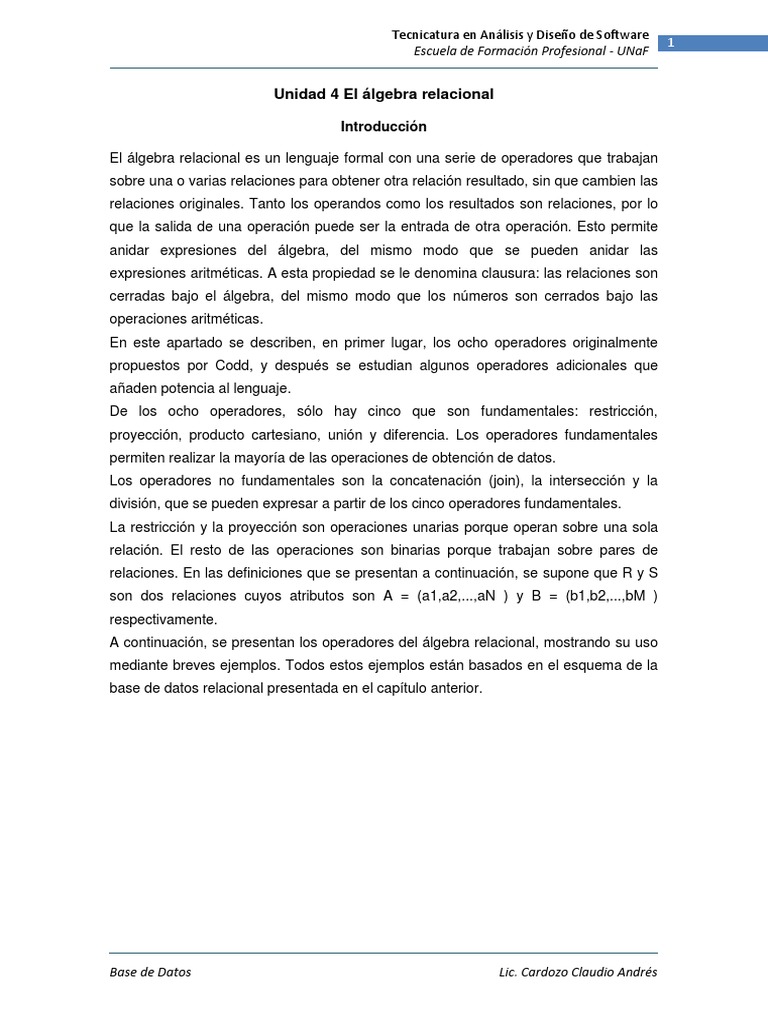 Unidad 4. El Álgebra Relacional | Descargar gratis PDF | Base de datos relacional | Lógica de ...