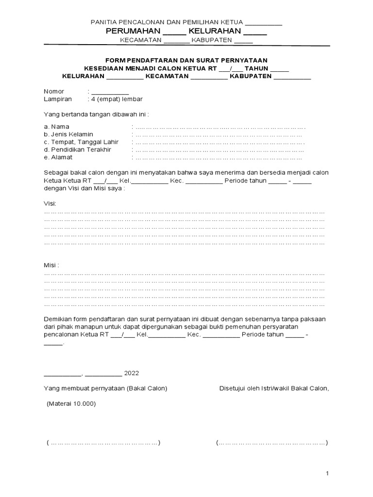 Template - FORM PENDAFTARAN DAN SURAT PERNYATAAN CALON KETUA RT | PDF