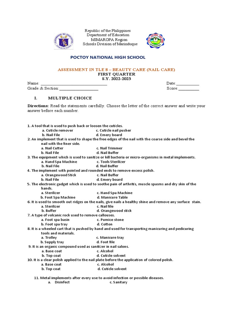 TLE 8 Nail Care Assessment Guide | PDF | Nail (Anatomy) | Disinfectant