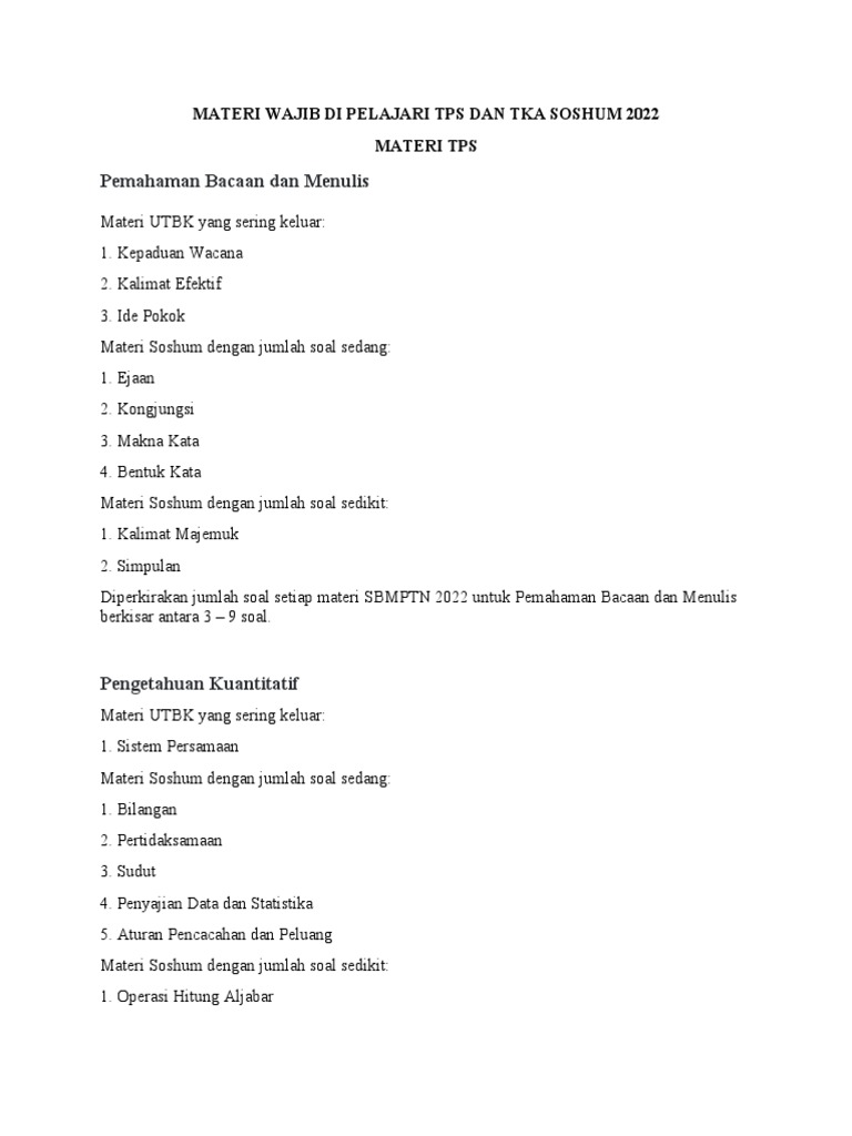 Materi Wajib Di Pelajari TPS Dan Tka Soshum 2022 | PDF