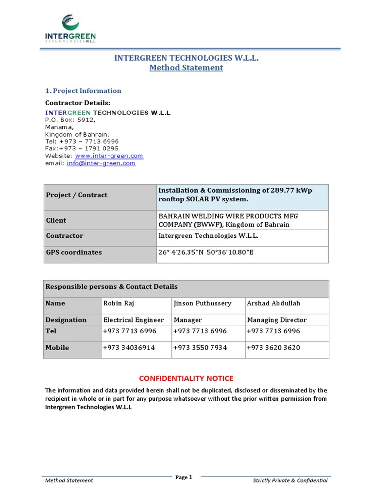 Method Statement - BWWP - V1 | PDF | Waste Management | Solar Panel
