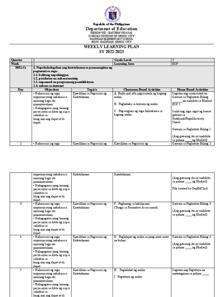 Department of Education: Weekly Learning Plan SY 2022-2023 | PDF