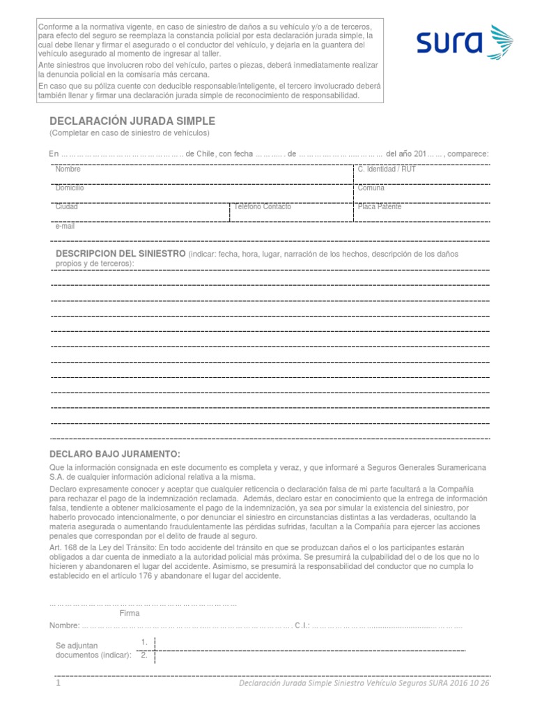 Declaracion Jurada Simple Siniestro Vehiculo Seguros Sura 2016-10-26 | PDF