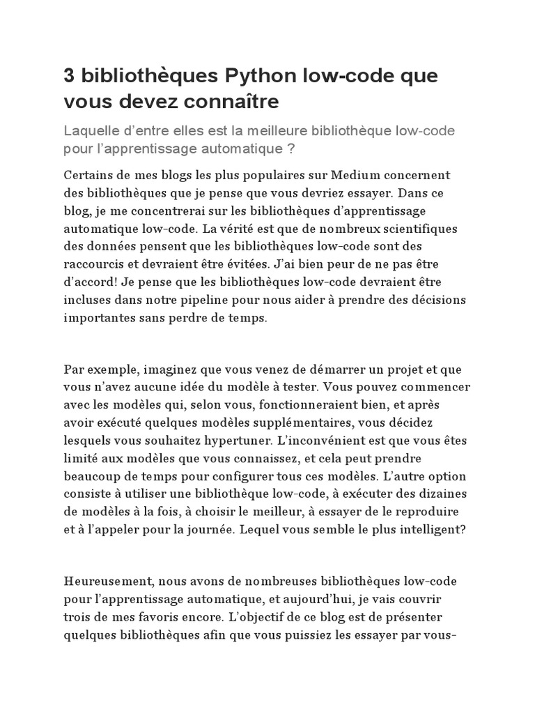 3 Bibliothèques Python Low - Code | Download Free PDF | Apprentissage ...