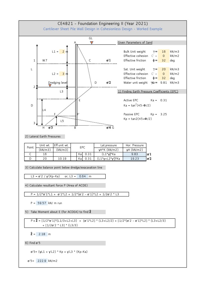 Cantilever Sheet Pile Design - Worked Example | PDF | Applied And Interdisciplinary Physics ...