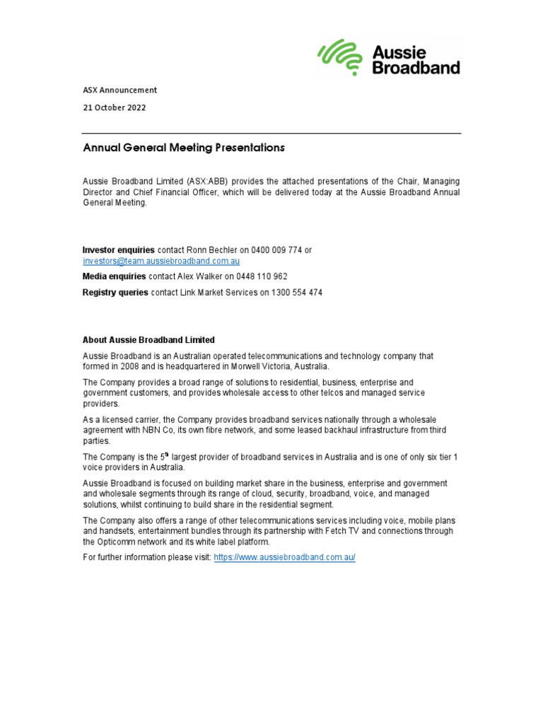 Aussie Broadband AGM 2022 Highlights | PDF | Debt | Deferred Tax