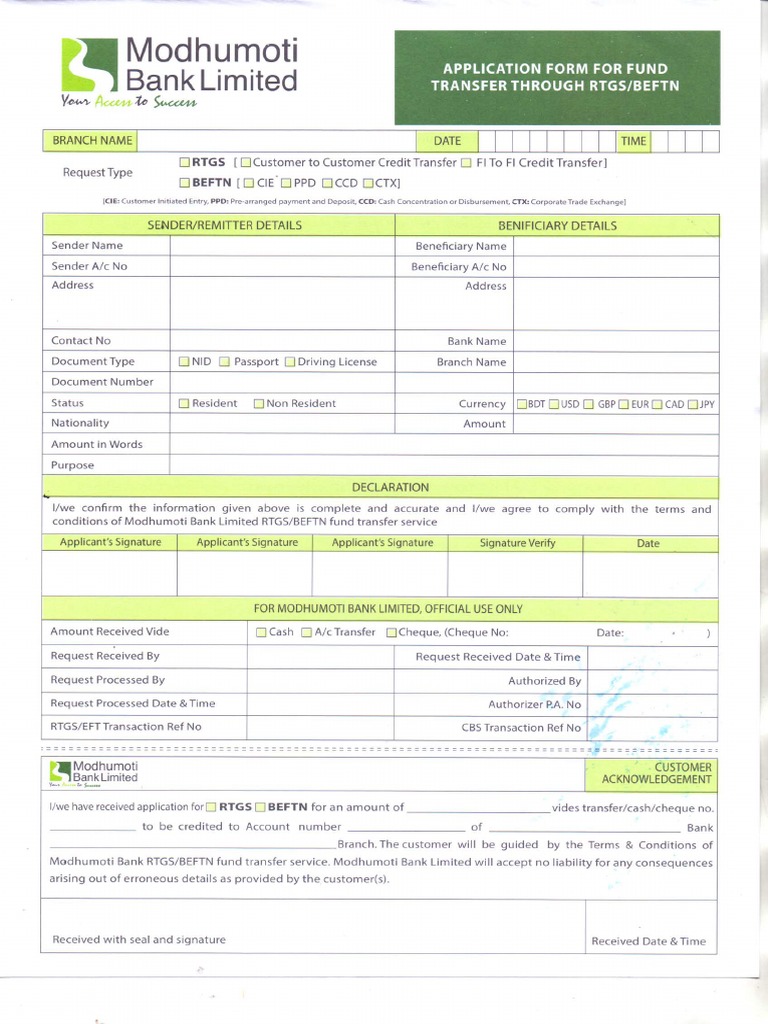 Modhumoti Bank Limited BFTN / RTGS Form | PDF