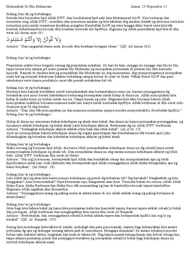 Khutbah Muhasabah Di Bulan Muharram | PDF