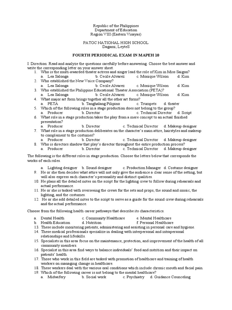 4th Quarter Exam in Mapeh 10 | PDF | Health Care | Health Sciences