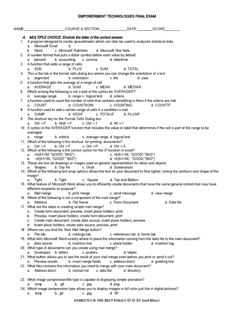 Empowerment Technologies Final Exam | PDF | Microsoft Excel | Software ... Empowerment Technologies Final Exam | PDF | Microsoft Excel | Software ...
