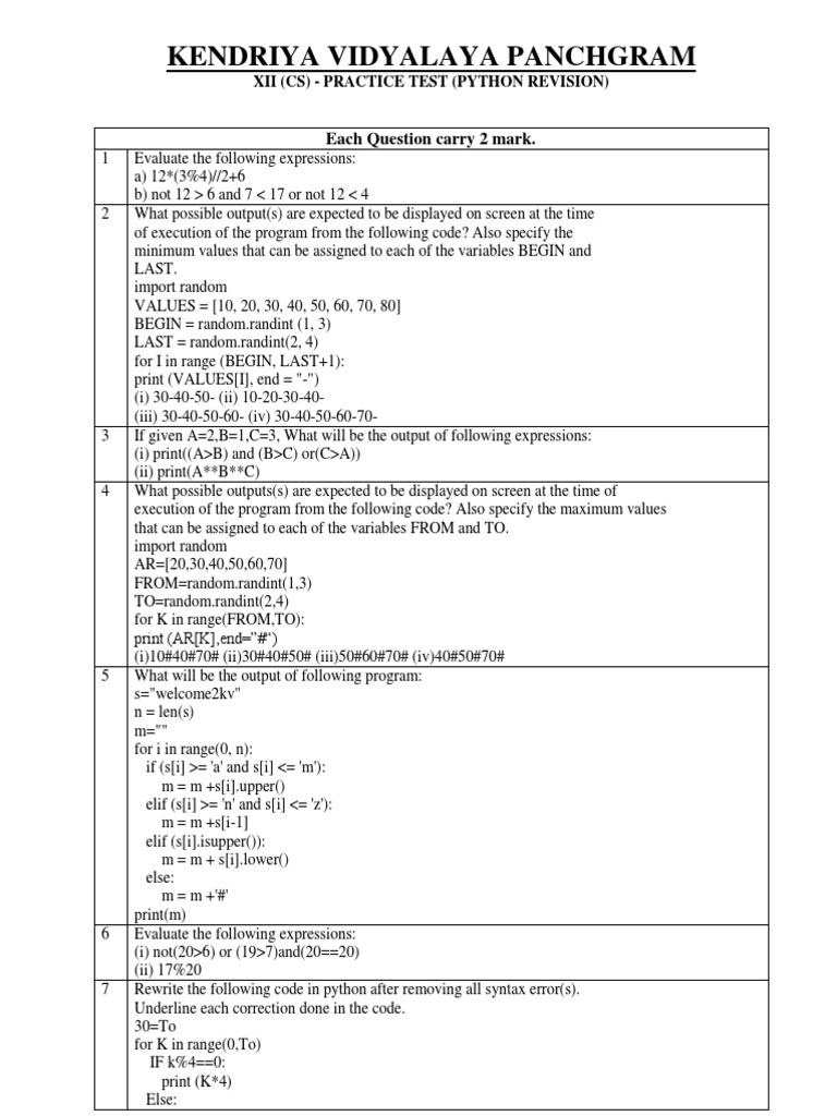 Python Revision Questions 2marks Kvpanchgram | PDF | Python (Programming Language) | Software ...