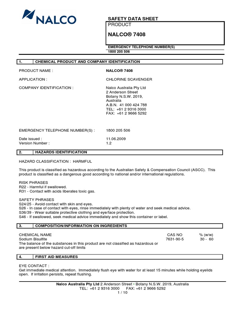 MSDS - Nalco - 7408 - Sodium Bisulpite | PDF | Dangerous Goods ...