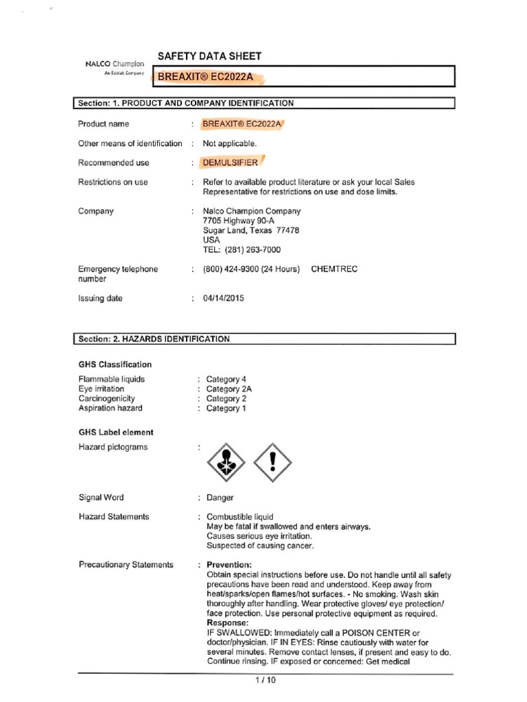 MSDS BREAXIT EC 2022A Demulsifier | PDF
