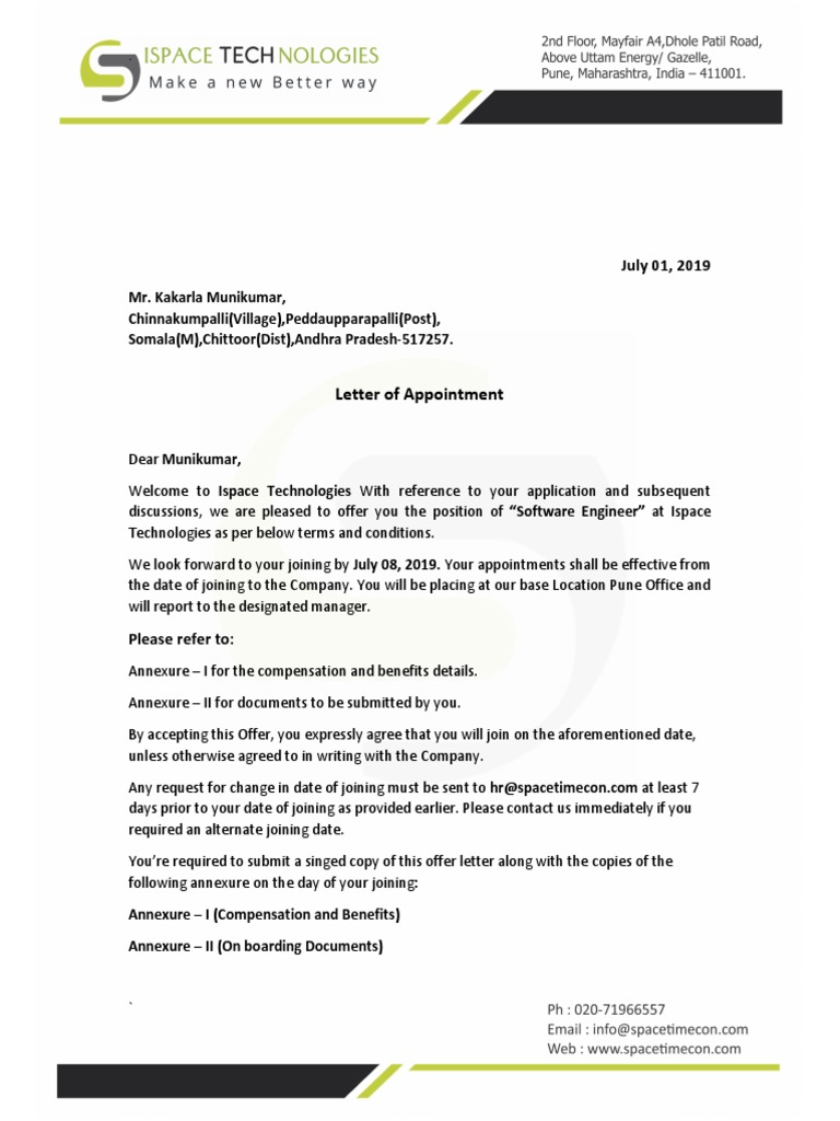 ISPACE OFFER Letter | PDF | Employment | Compensation And Benefits