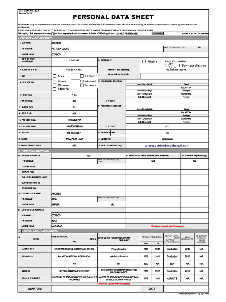 CS Form No. 212 Personal Data Sheet Revised | PDF | Government | Justice