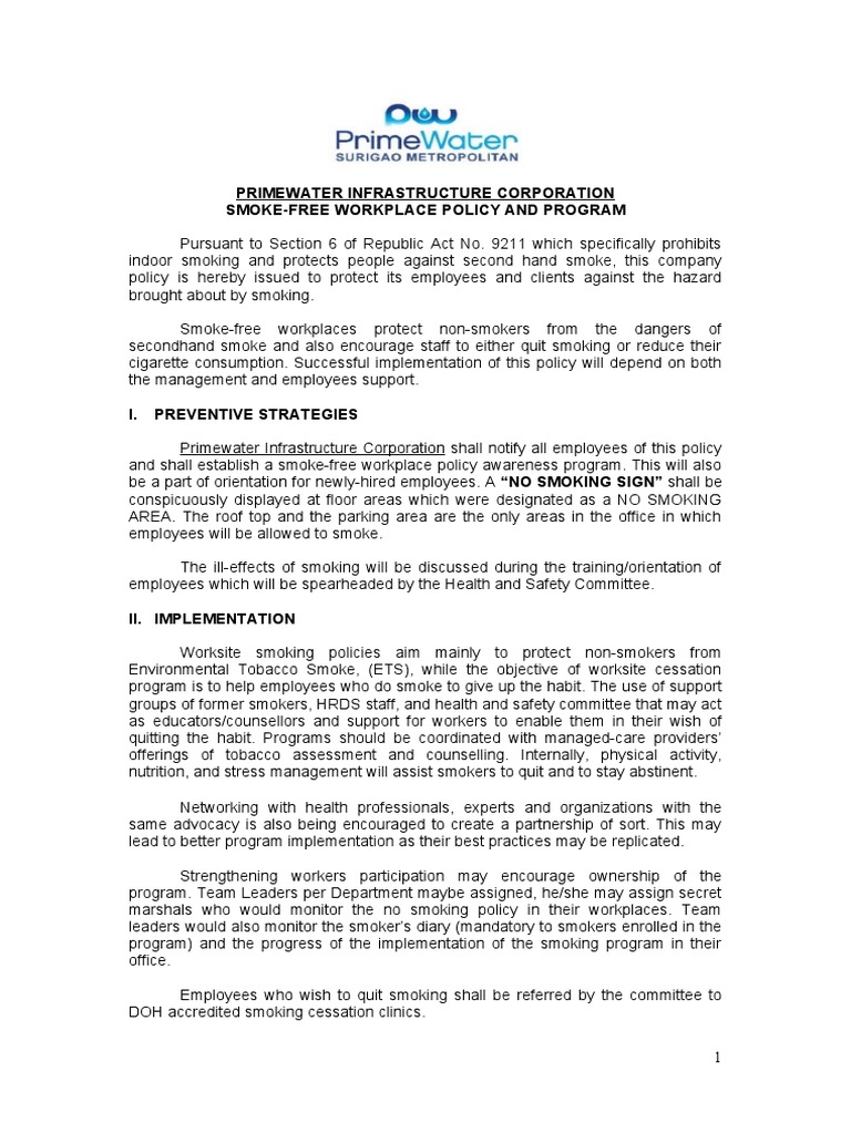 Smoke-Free Workplace Policy & Program | PDF | Tobacco Smoking | Addiction