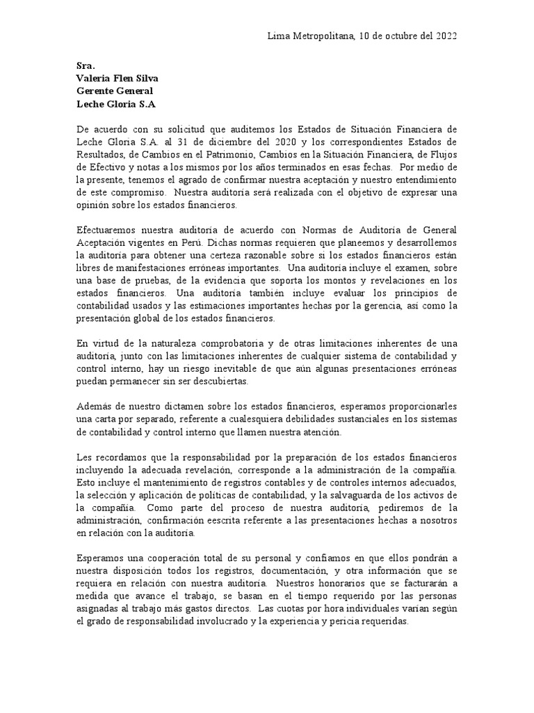 Carta de Compromiso | PDF | Auditoría | Estado financiero