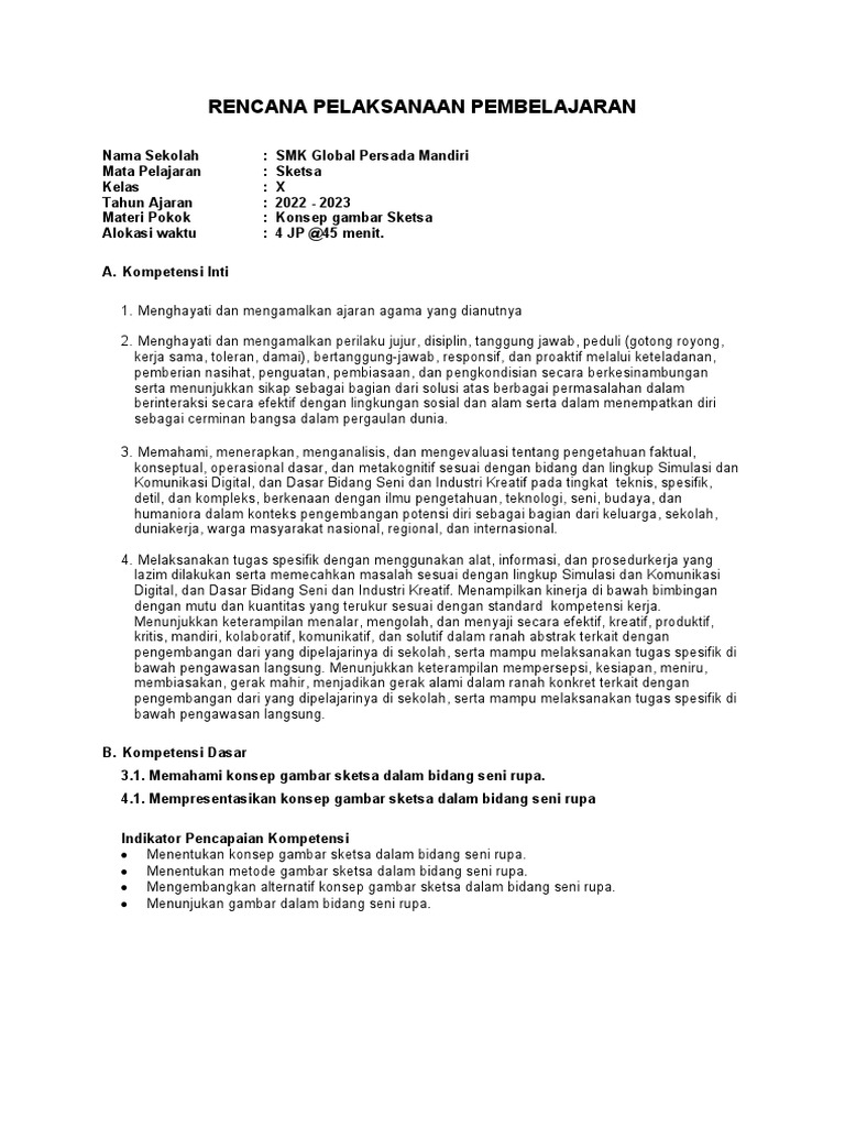 RPP Sketsa Kelas X - Kd1 | PDF