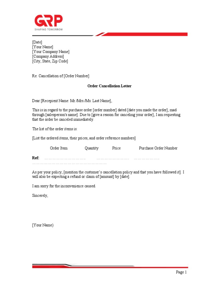 Order Cancellation Request Letter | PDF