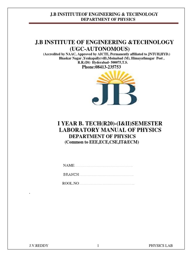 Jbiet r20 Physics Lab Manual-2020 | PDF | Diffraction | Electrical ...