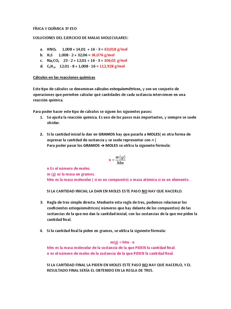 F-Q 3? Eso C?lculos Estequiom?Tricos 26.03.2020 | PDF | Mole (Unidad) | Estequiometría