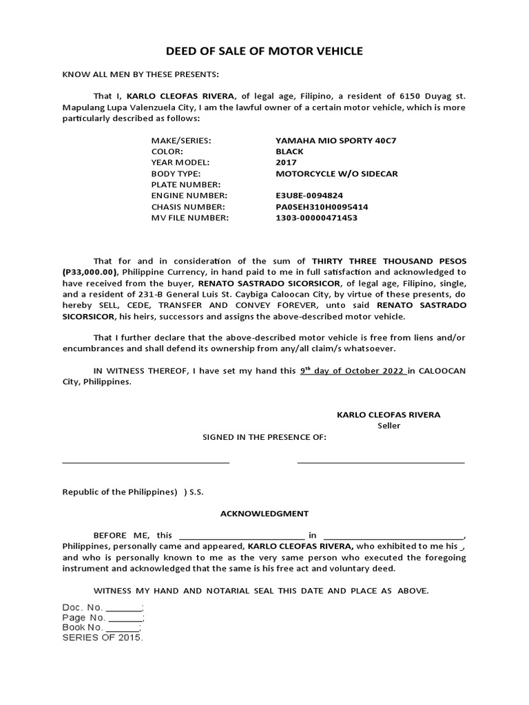 Motorcycle Deed of Sale Sample | PDF | Deed | Vehicles