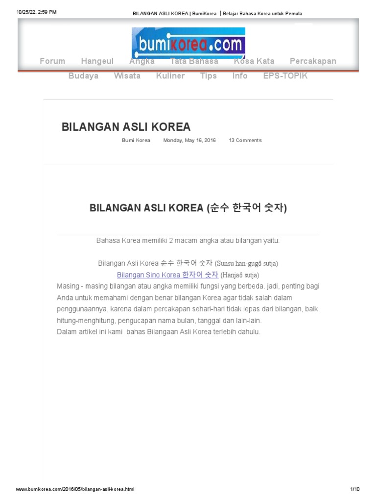 BILANGAN ASLI KOREA - BumiKorea Belajar Bahasa Korea Untuk Pemula | PDF