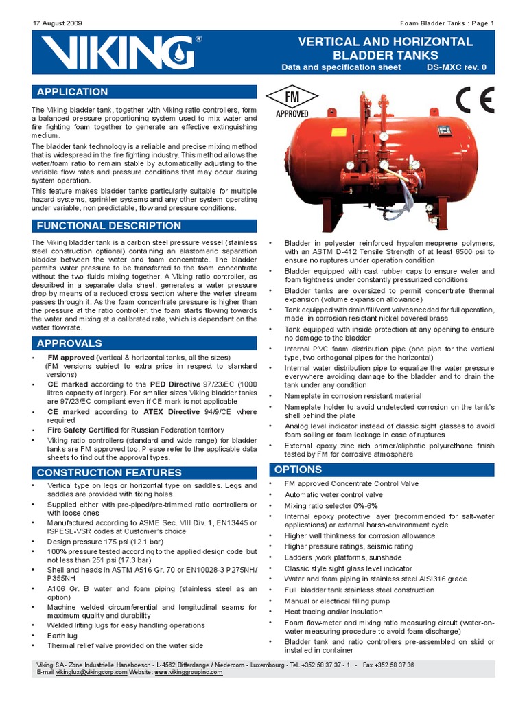 Viking Foam Bladder Tanks Overview | PDF | Valve | Stainless Steel
