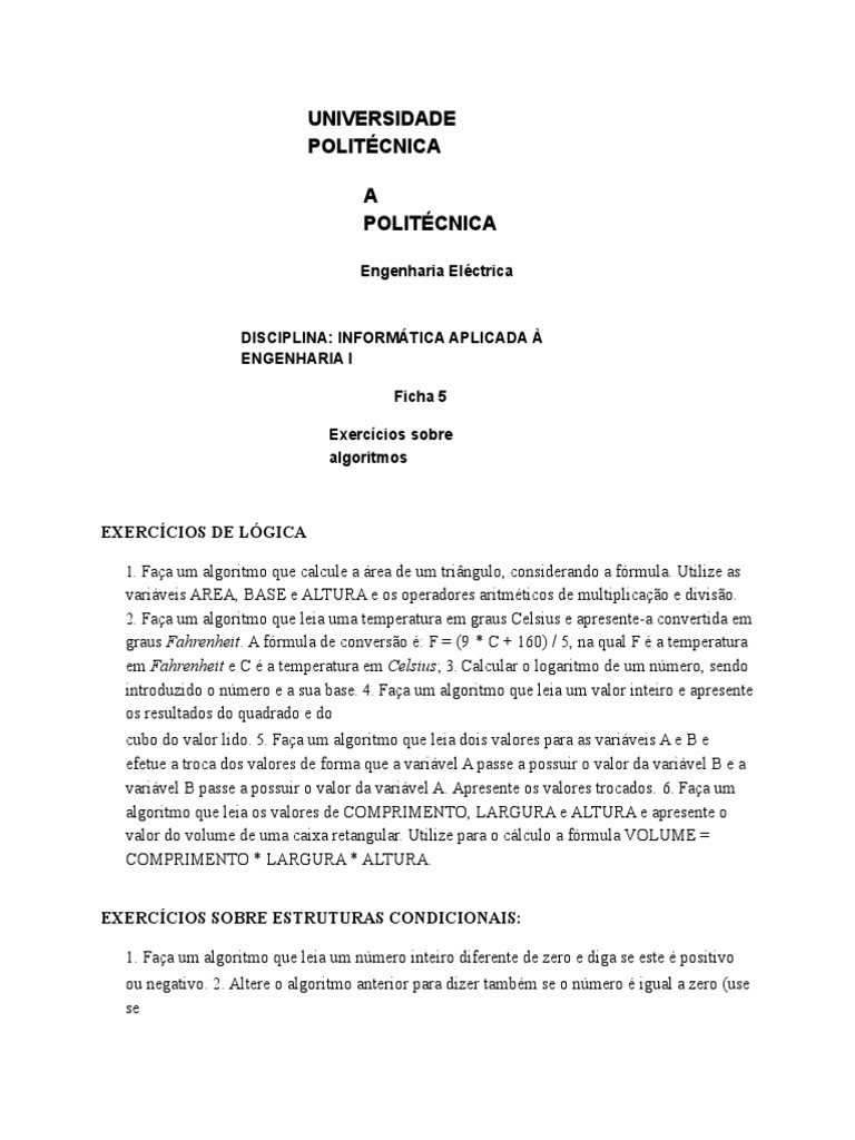 Ficha De Exercicios Algoritmos Pdf Pdf Triângulo Algoritmos