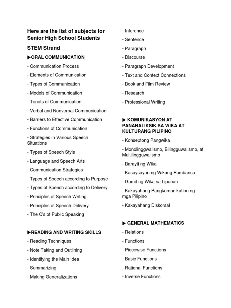 List of Subjects For Senior High School Students | PDF | Social ...