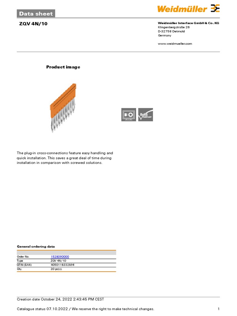 Weidmüller ZQV 4N/10 Cross-Connector Data Sheet | PDF | Electrical ...